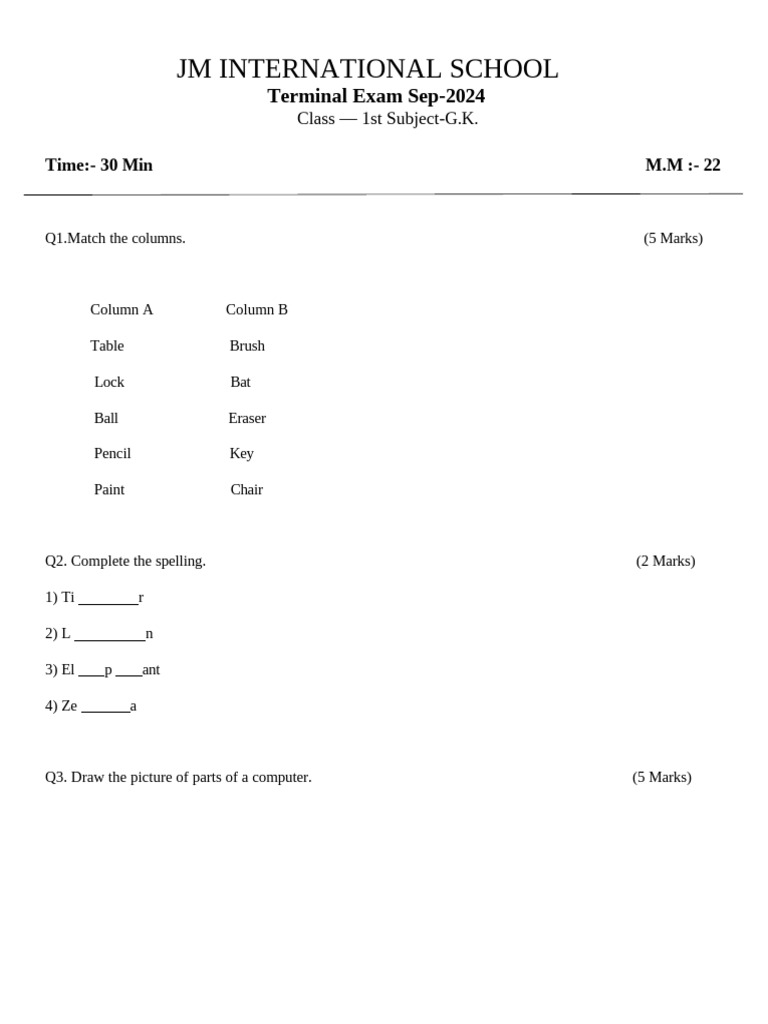 Class 1 G.K. Terminal Exam Guide | PDF