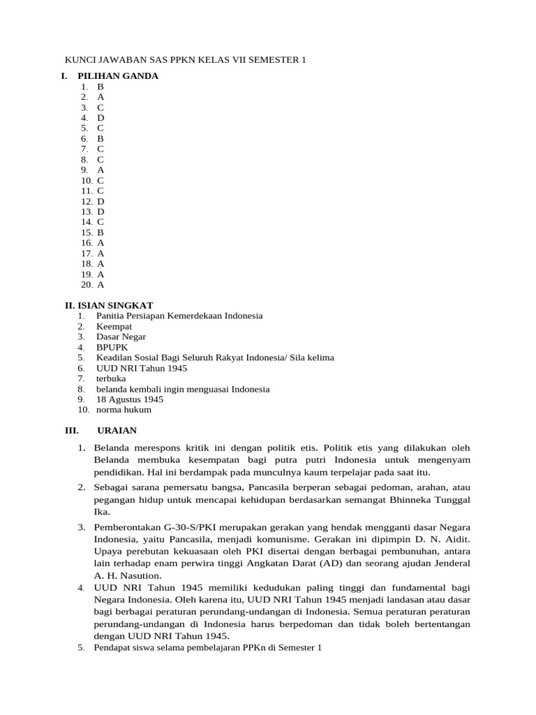 KUNCI JAWABAN SAS PPKN KELAS VII SEMESTER 1 | PDF