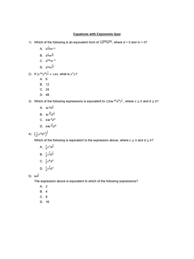 Equations With Exponents Quiz | PDF