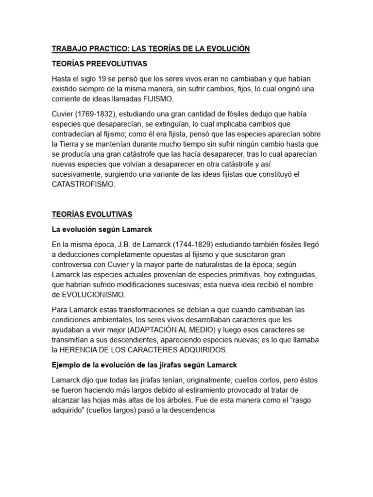 Teorías de la Evolución y Fijismo | PDF