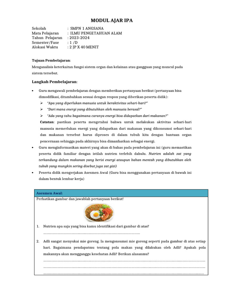 Modul Ajar IPA: Nutrisi dan Kesehatan | PDF
