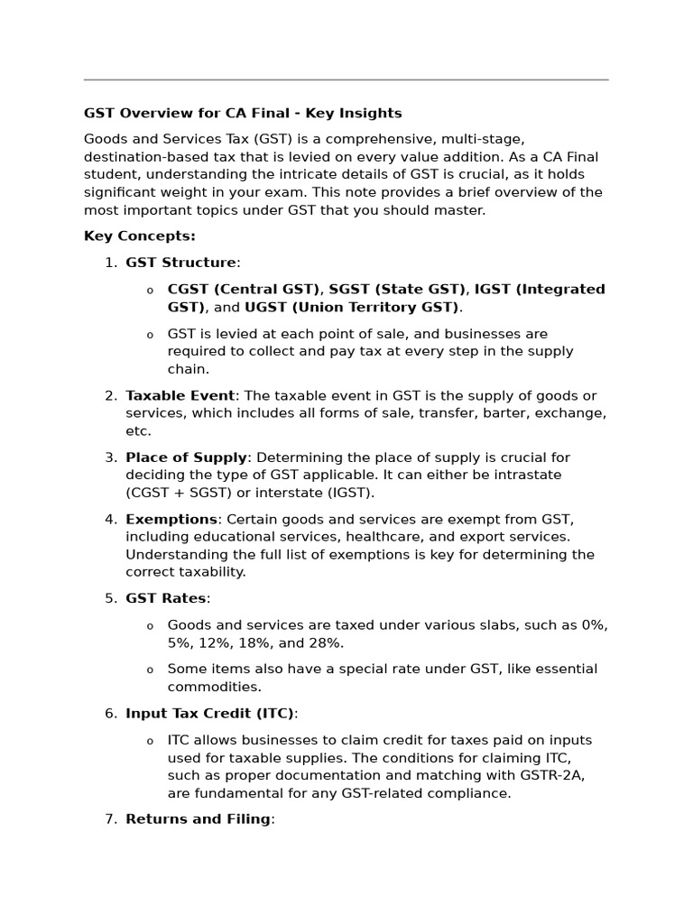 CA Final GST Overview: Key Concepts | PDF | Value Added Tax | Taxes