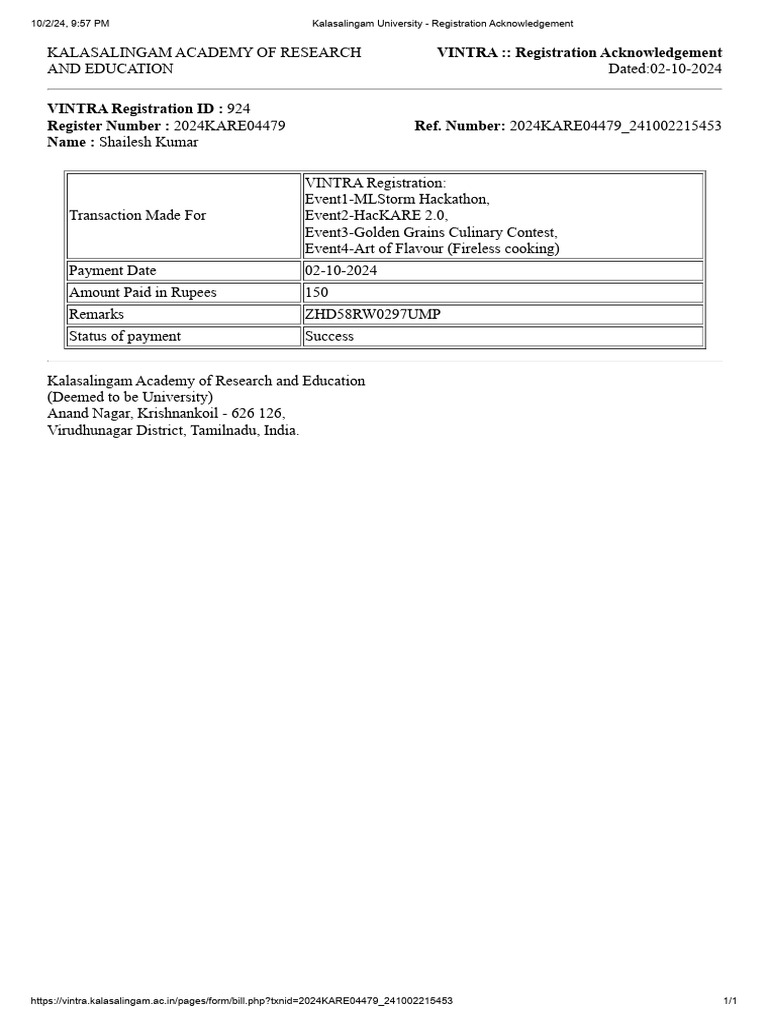 VINTRA Registration Acknowledgement 2024 | PDF