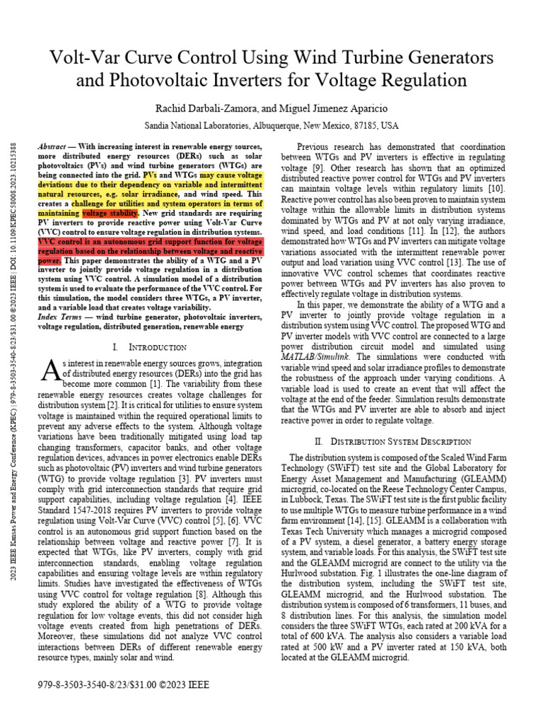 Volt-Var Curve Control Using Wind Turbine Generators and Photovoltaic Inverters For Voltage ...