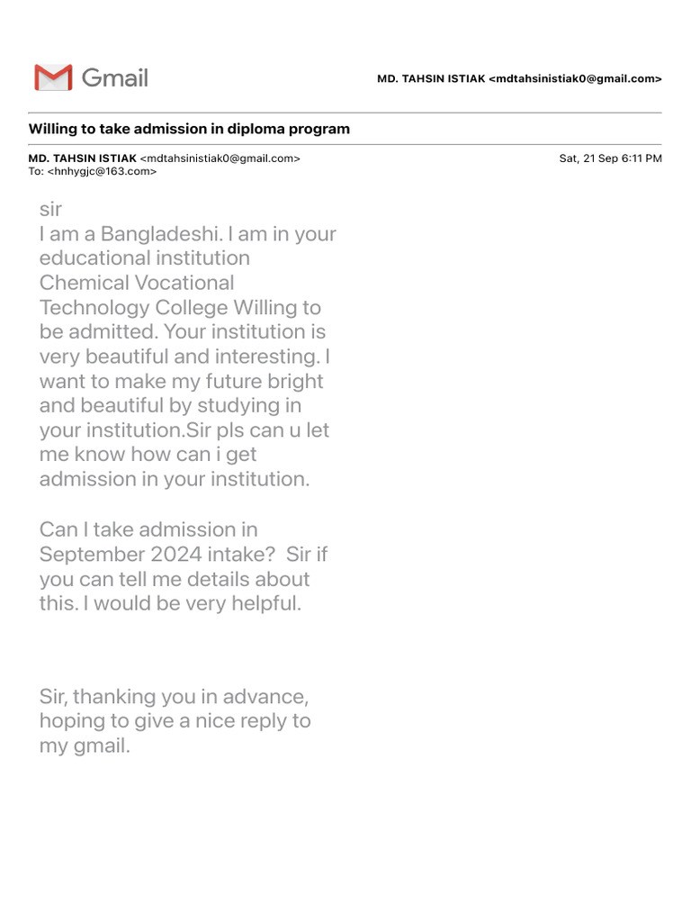 Inquiry About Diploma Admission Process | PDF