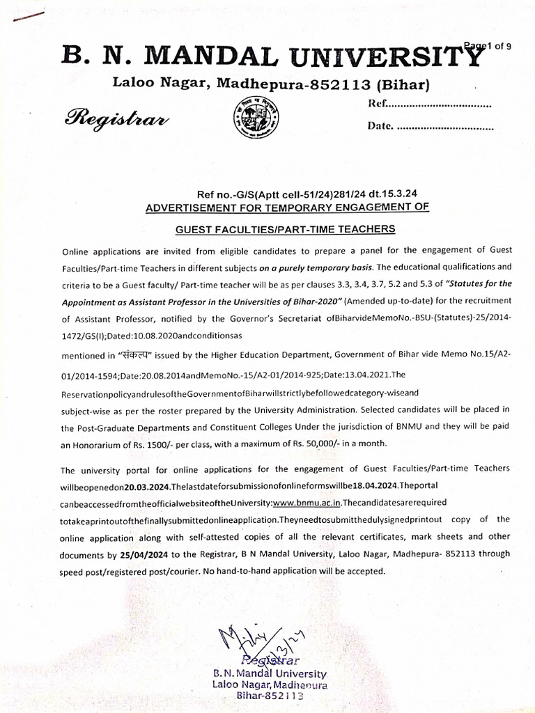 BNMU Guest Faculty Advertisement 2024 | PDF