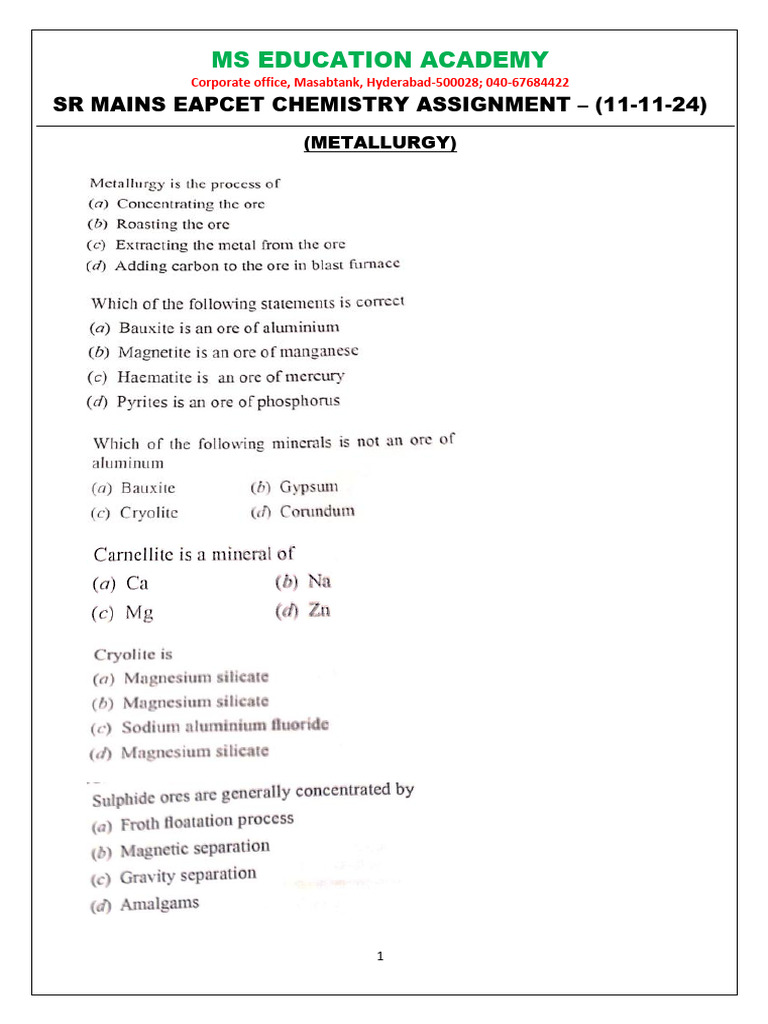 SR MAINS EAPCET CHEMISTRY ASSIGNMENTS (11 -11-2024) IOE | PDF