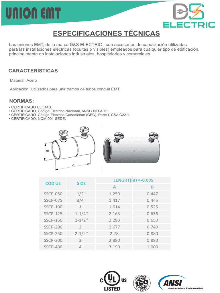 Uniones EMT D&S: Especificaciones y Certificaciones | PDF