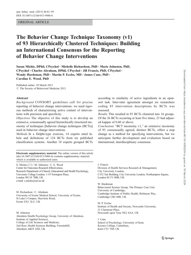 The Behavior Change Technique Taxonomy (v1) of 93 Hierarchically Clustered Techniques - Building ...