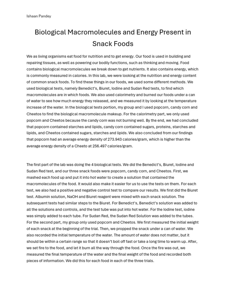 Content of Snack Foods Lab Report | PDF | Foods | Popcorn