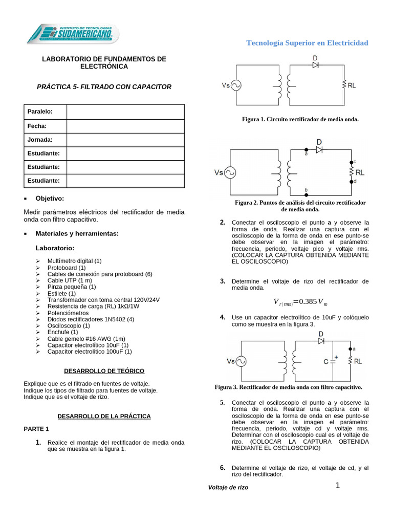 PrÃ¡ctica 5 - Filtrado | PDF | Rectificador | Red eléctrica