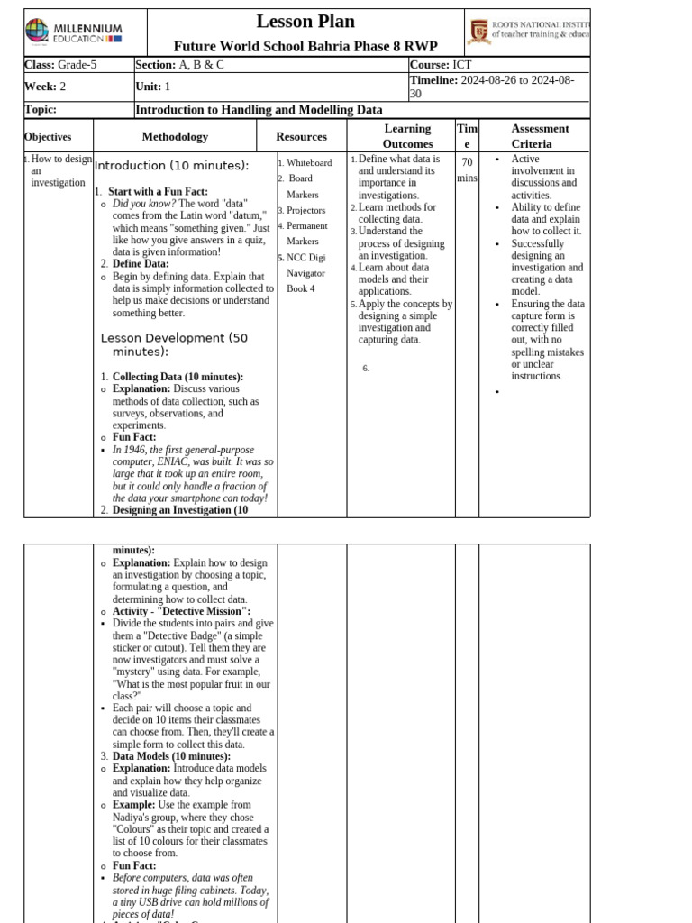 Lesson Plan - Grade 5 (Week 2) - 26-08-2024 To 30th August 2024 | PDF | Data | Educational ...