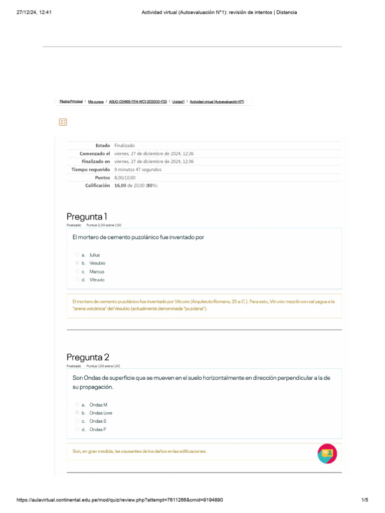 Actividad Virtual (Autoevaluación N°1) - Revisión de Intentos - Distancia | PDF