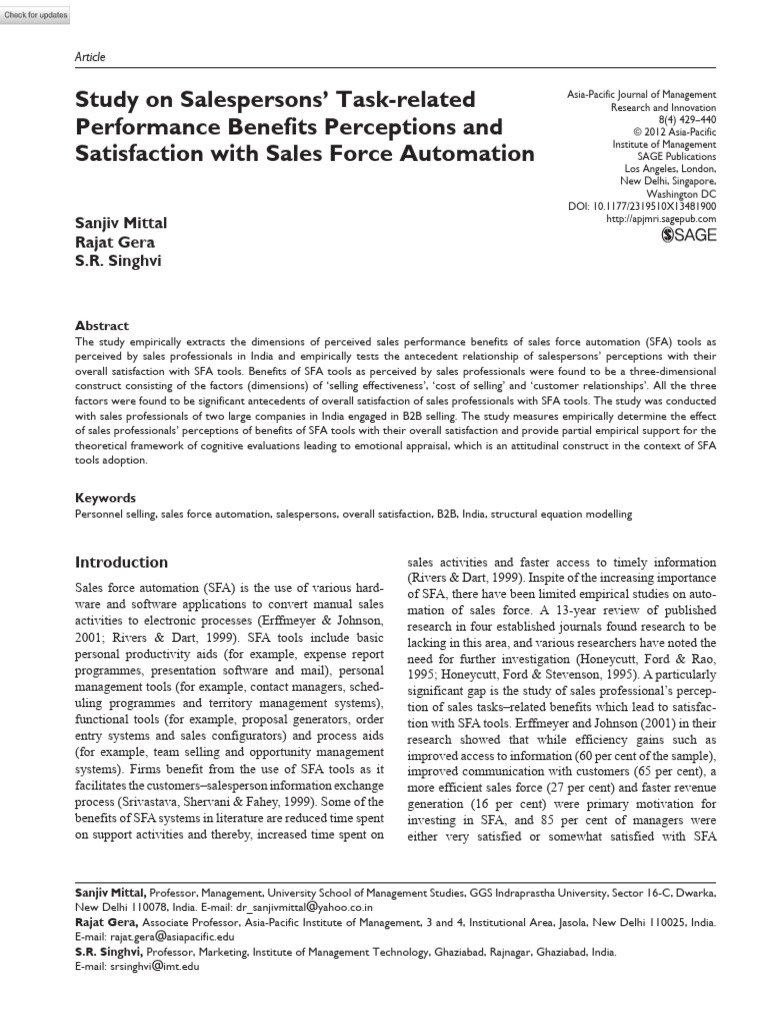 Sales Performance & Satisfaction with SFA | PDF | Sales | Factor Analysis