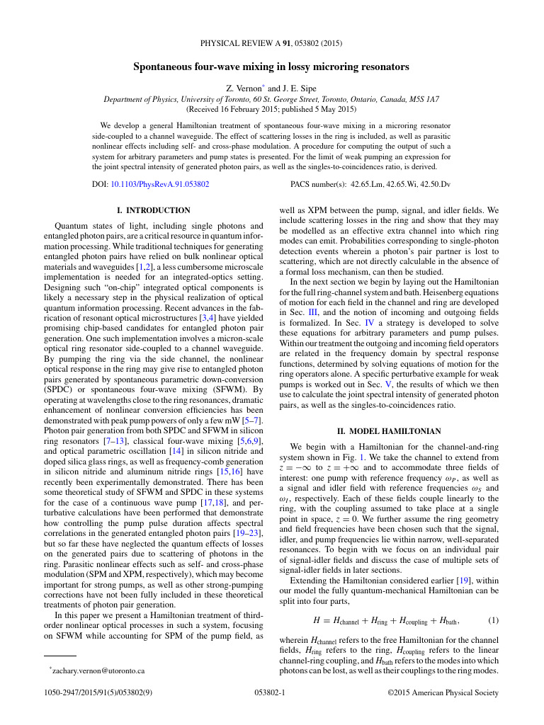 Spontaneous Four-wave Mixing in Lossy Microring Resonators | PDF | Nonlinear Optics | Photon