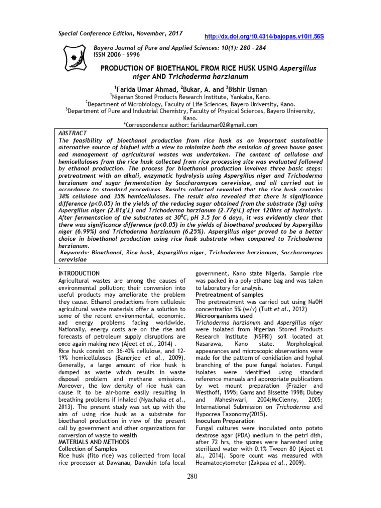 Production of Bioethanol From Rice Husk | PDF | Ethanol | Aspergillus