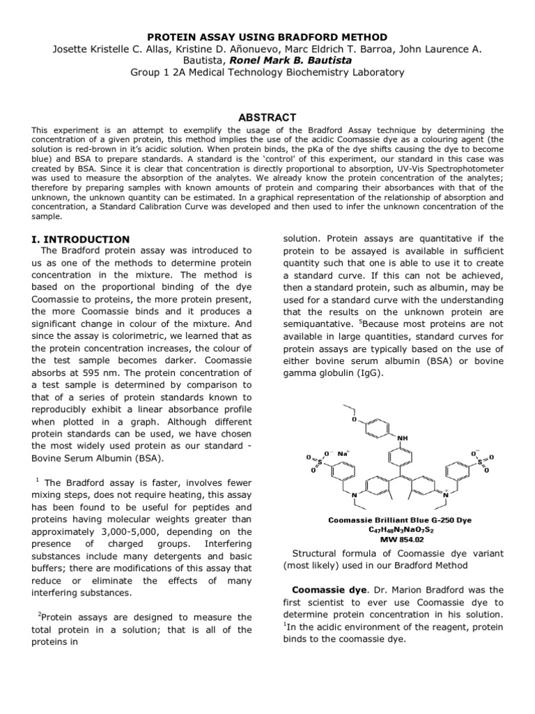 Protein Assay Using Bradford Method | PDF