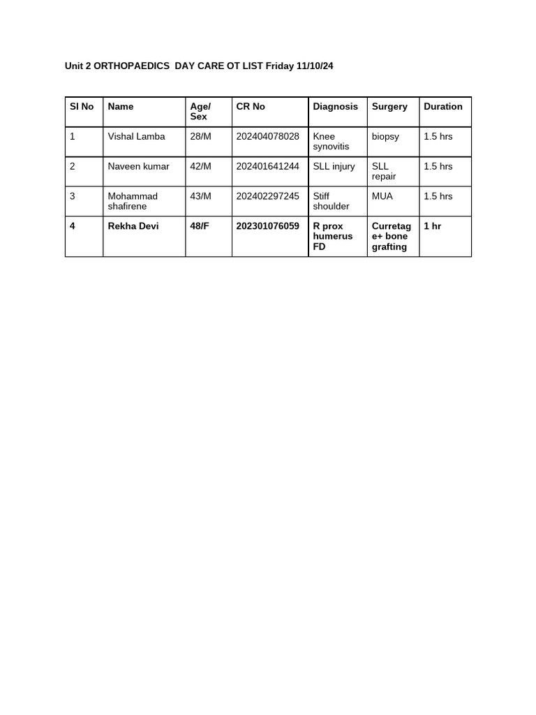 Orthopaedics Day Care OT Schedule 11/10/24 | PDF