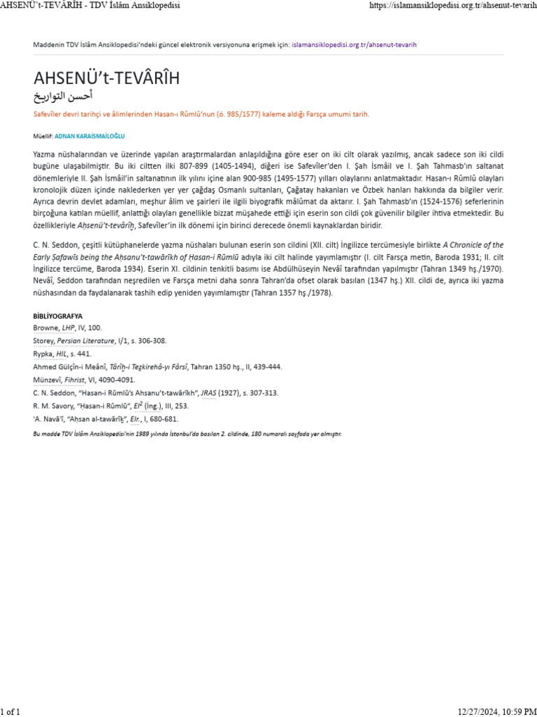AHSENÜ’t-TEVÂRÎH - TDV İslâm Ansiklopedisi | PDF