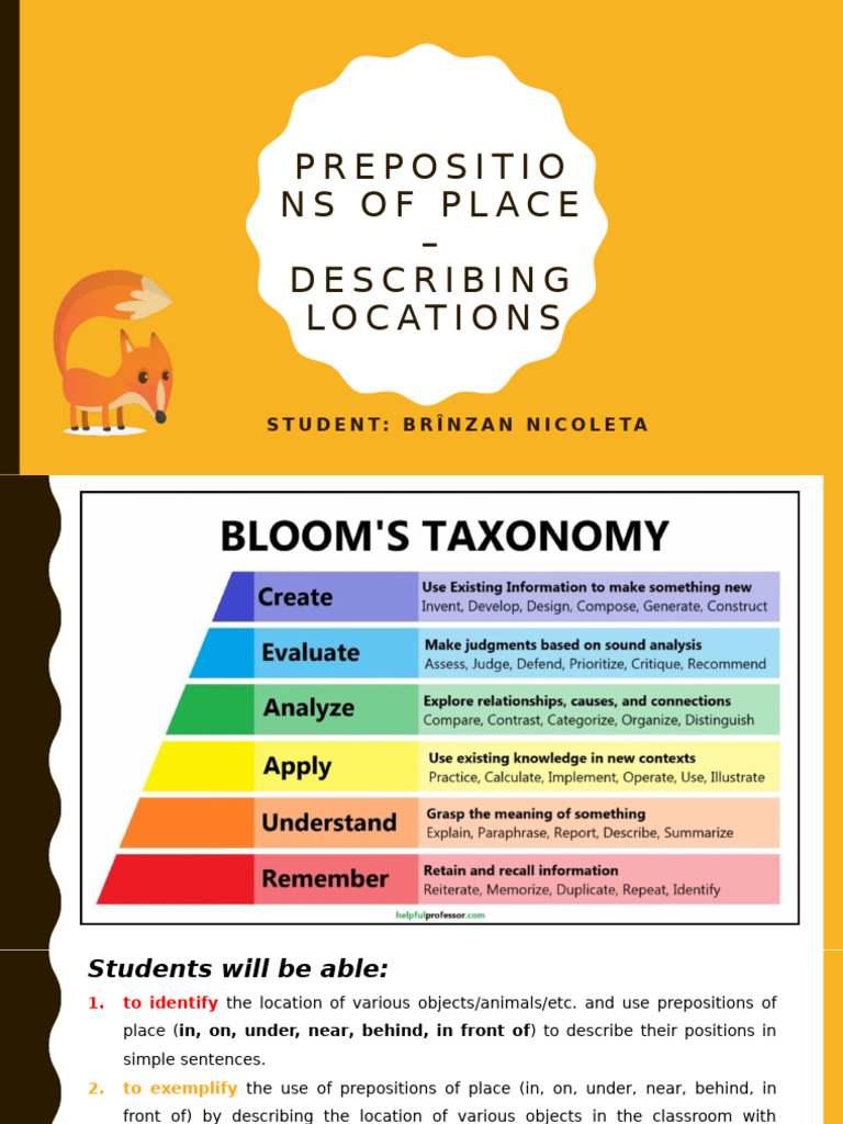 Prepositions of Place - Describing Locations - Brinzan Nicoleta | PDF