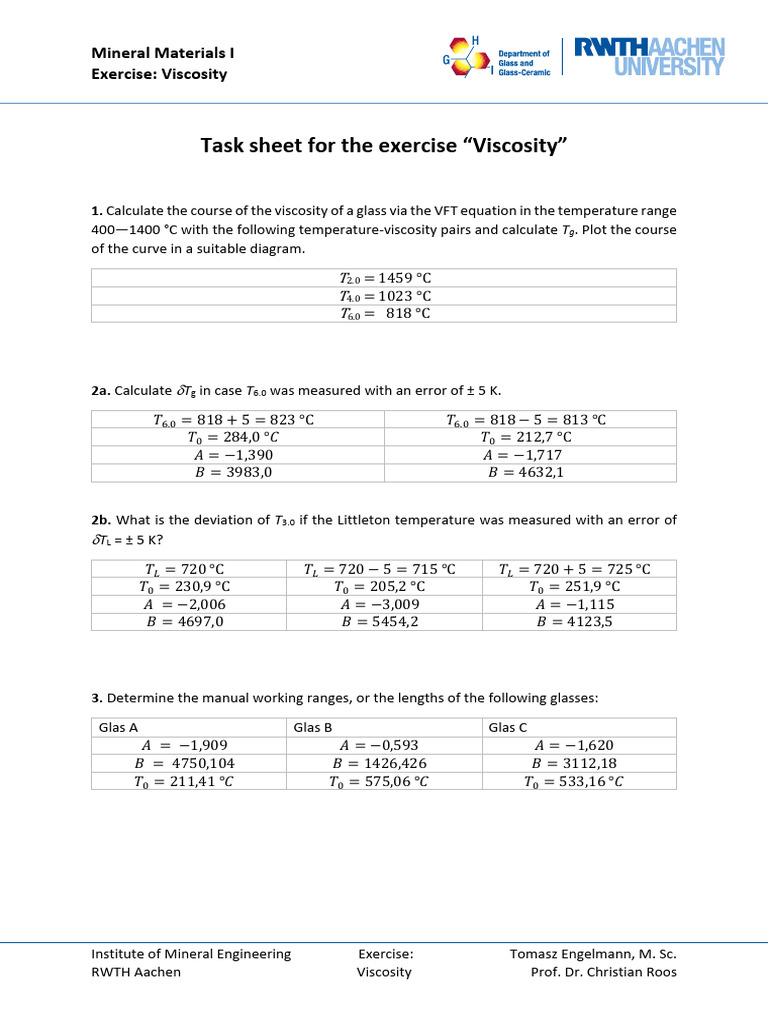 Task Sheet For The Exercise Viscosity | PDF