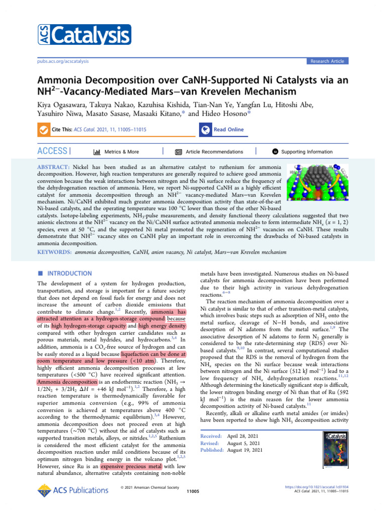 Ammonia Decomposition Over CaNH-Supported Ni Catalysts | PDF | Chemical Elements | Applied And ...