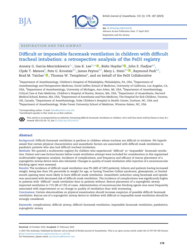 Difficult or Impossible Facemask Ventilation in CH | PDF | Anesthesia ...