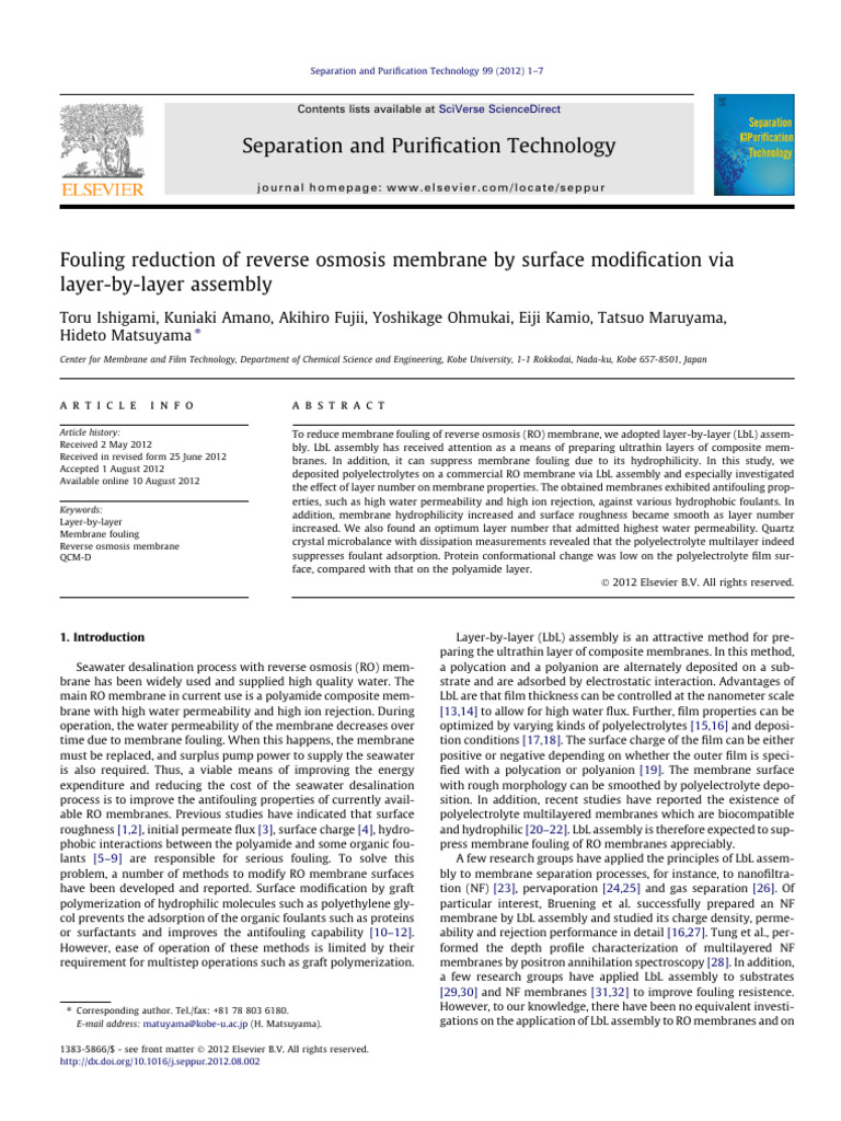 Fouling Reduction of Reverse Osmosis Membrane | PDF | Membrane | Atomic Force Microscopy