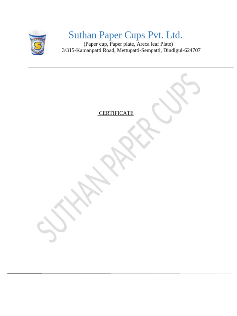 Suthan Paper Cup Industries | PDF