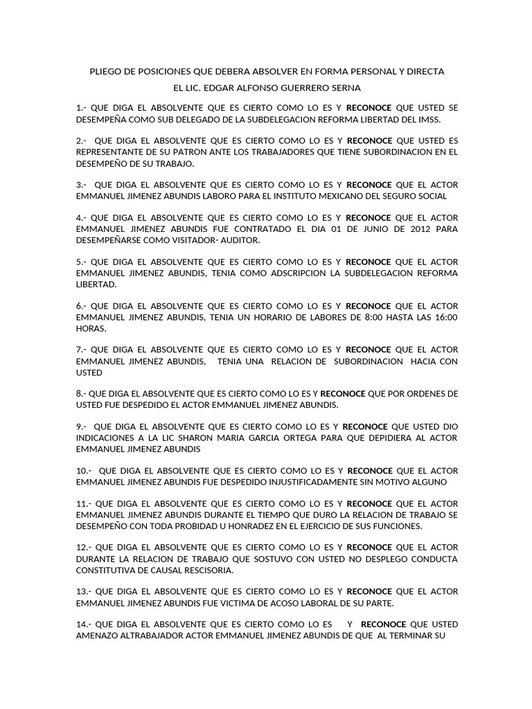 Pliego de Posiciones Que Debera Absolver en Forma Personal y Directa | PDF