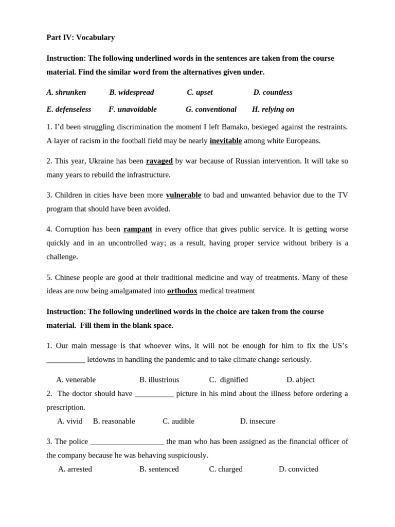 Sample Vocabulary Questions | PDF