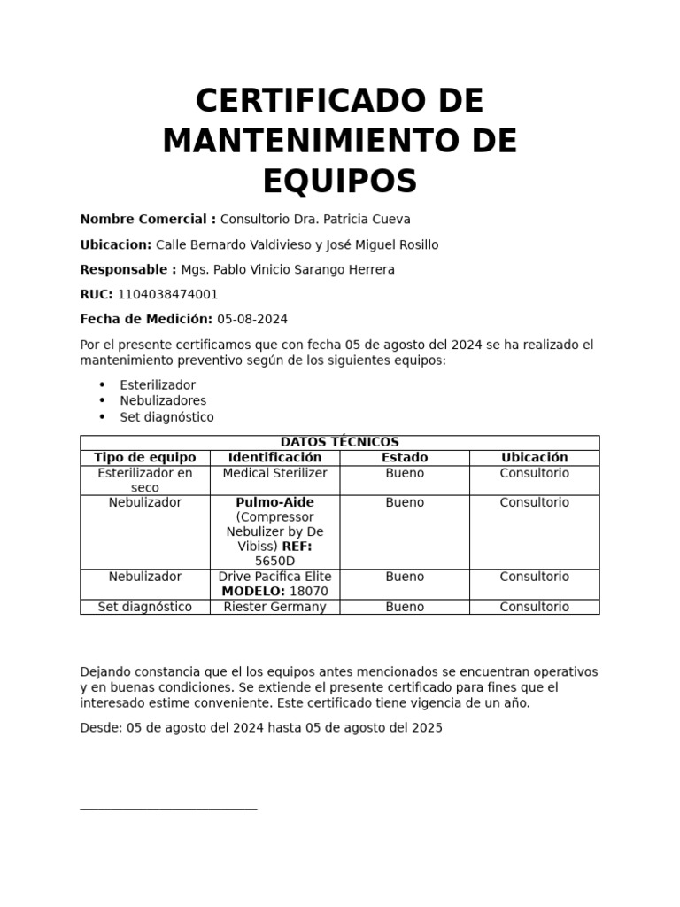 Certificado De Mantenimiento De Equipos Pdf