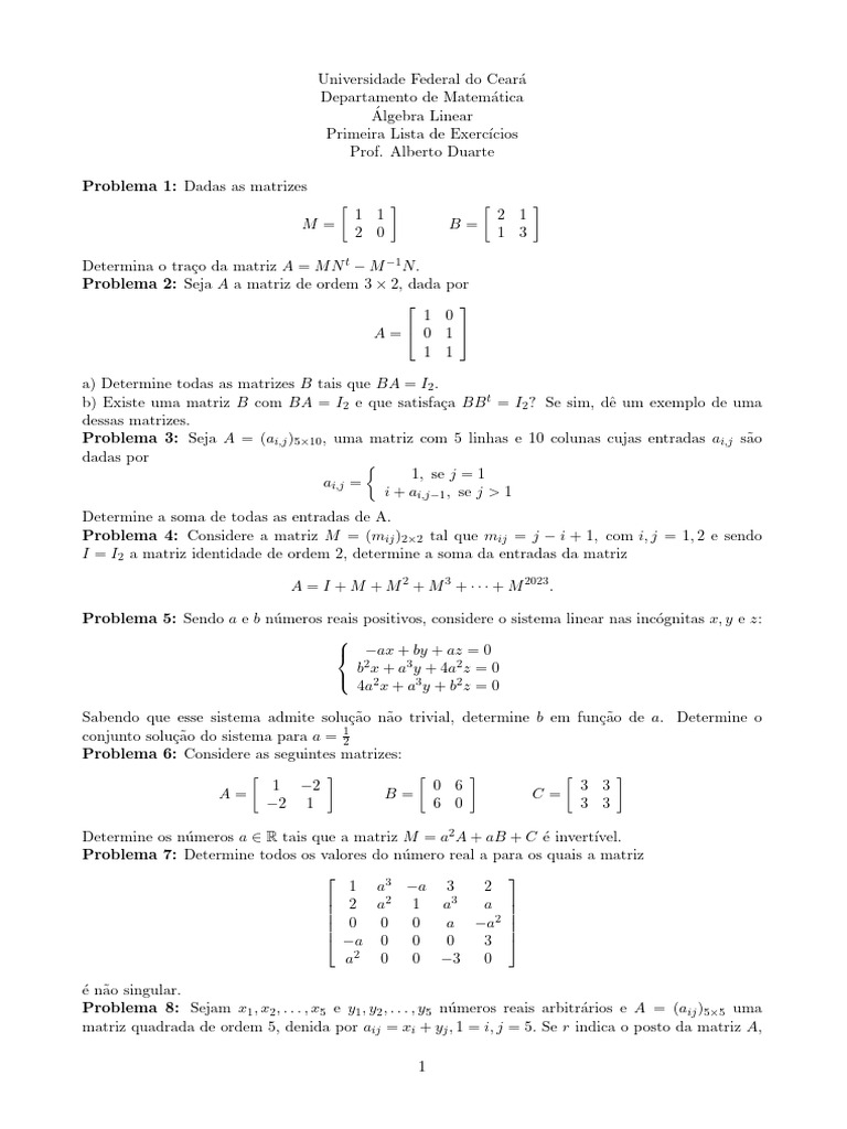 Lista de Álgebra Linear | PDF | Matriz (Matemática) | Conceitos matemáticos