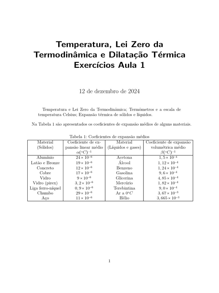 Exercícios Aula 1 - Temperatura e Lei Zero Da Termodinâmica | PDF | Temperatura | Termômetro