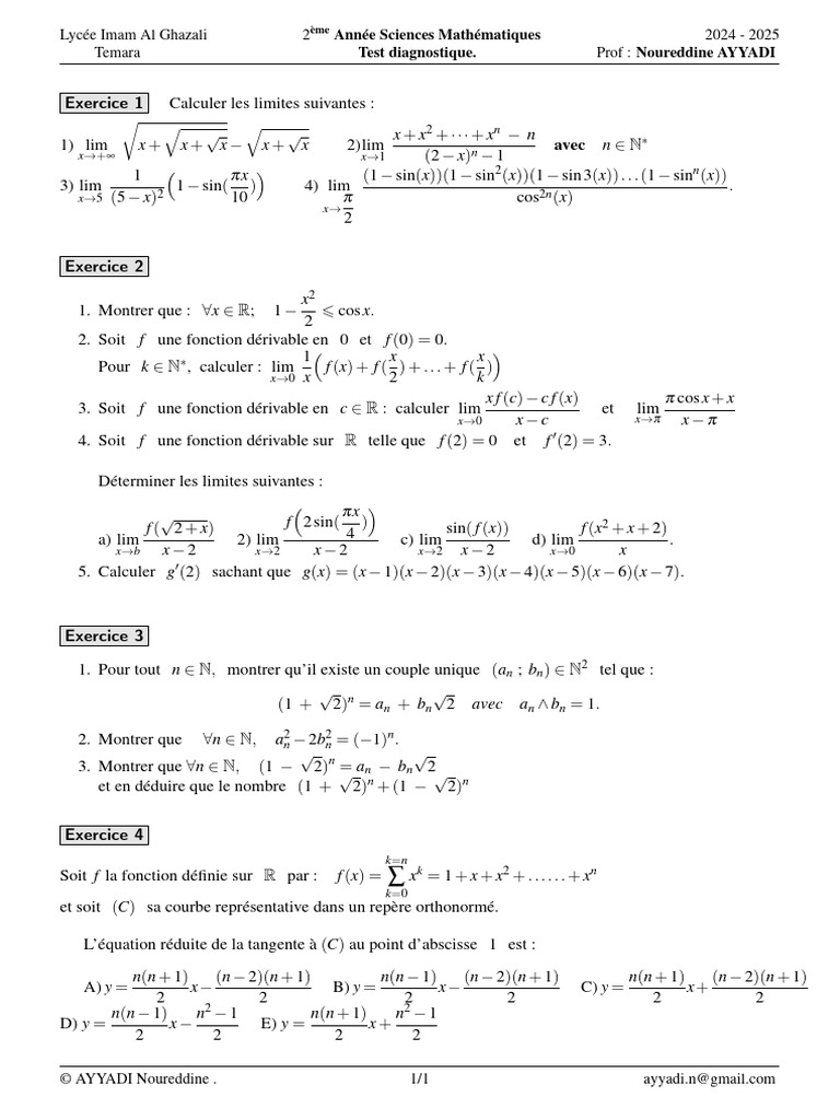 Test Diagnostique Math 2 Bac SM 2024 | PDF | Analyse mathématique ...
