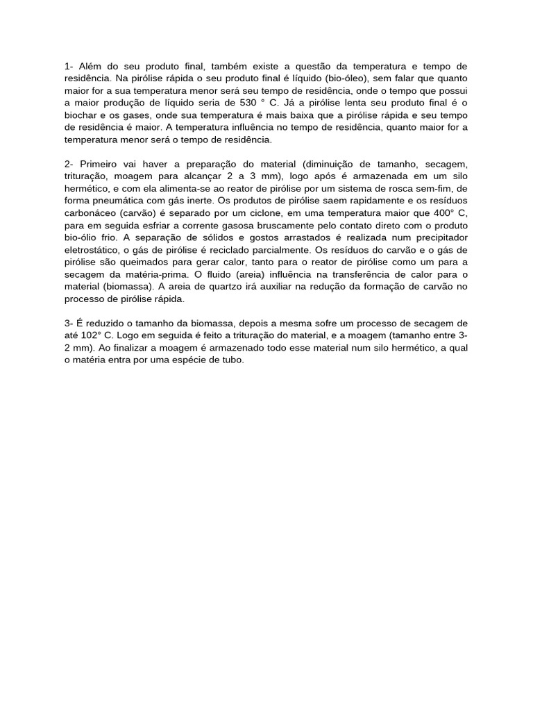 Pirólise: Temperatura e Processos de Biomassa | PDF