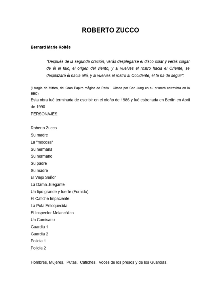 Roberto Zucco - B.M. Koltés | PDF
