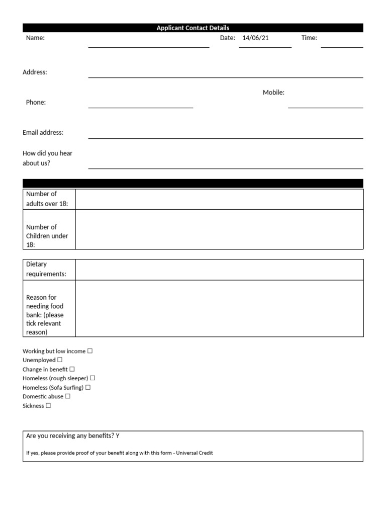 Food Bank Application Form | PDF