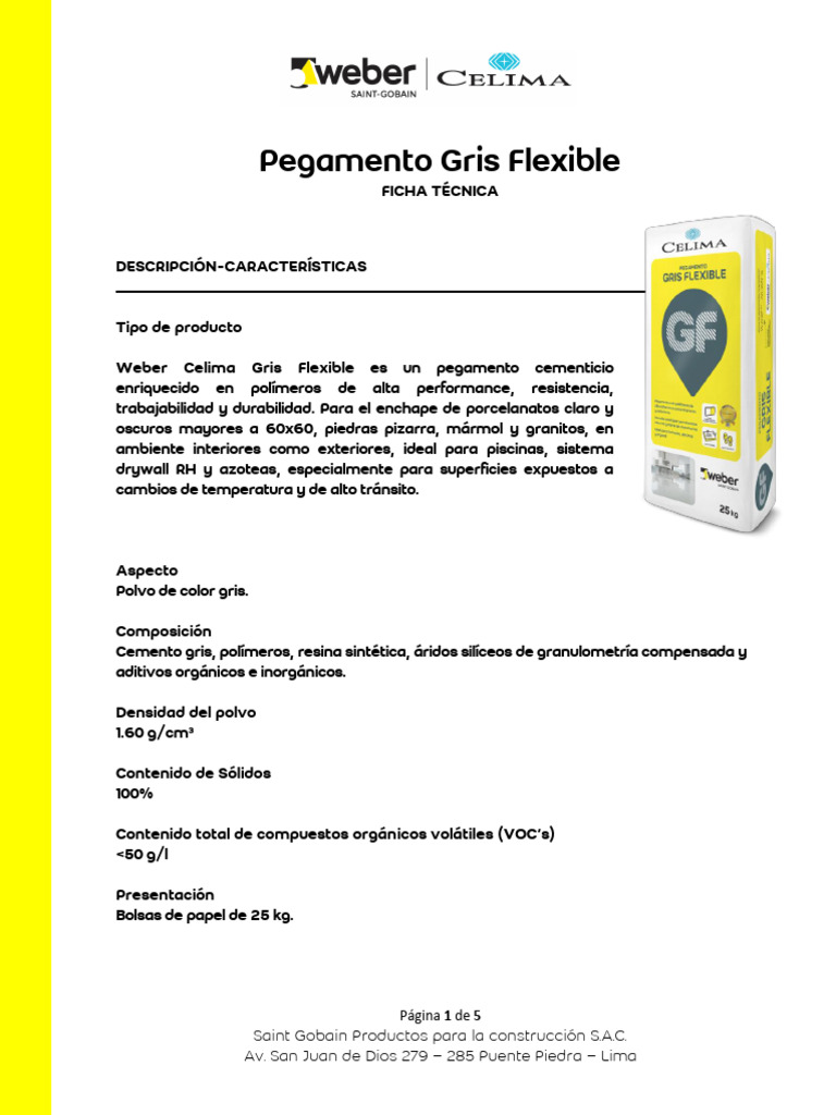 Celima Pegamento Flexible Gris | PDF | Materiales de construcción | Sustancias químicas