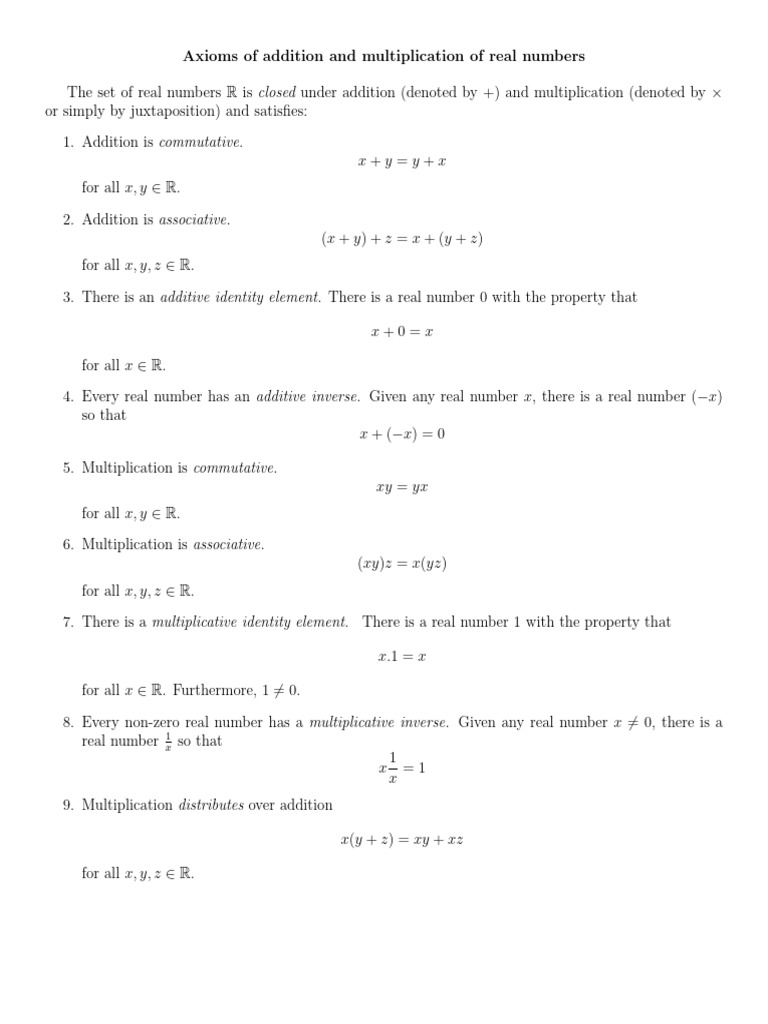 Axioms of Real Number Operations | PDF | Multiplication | Real Number