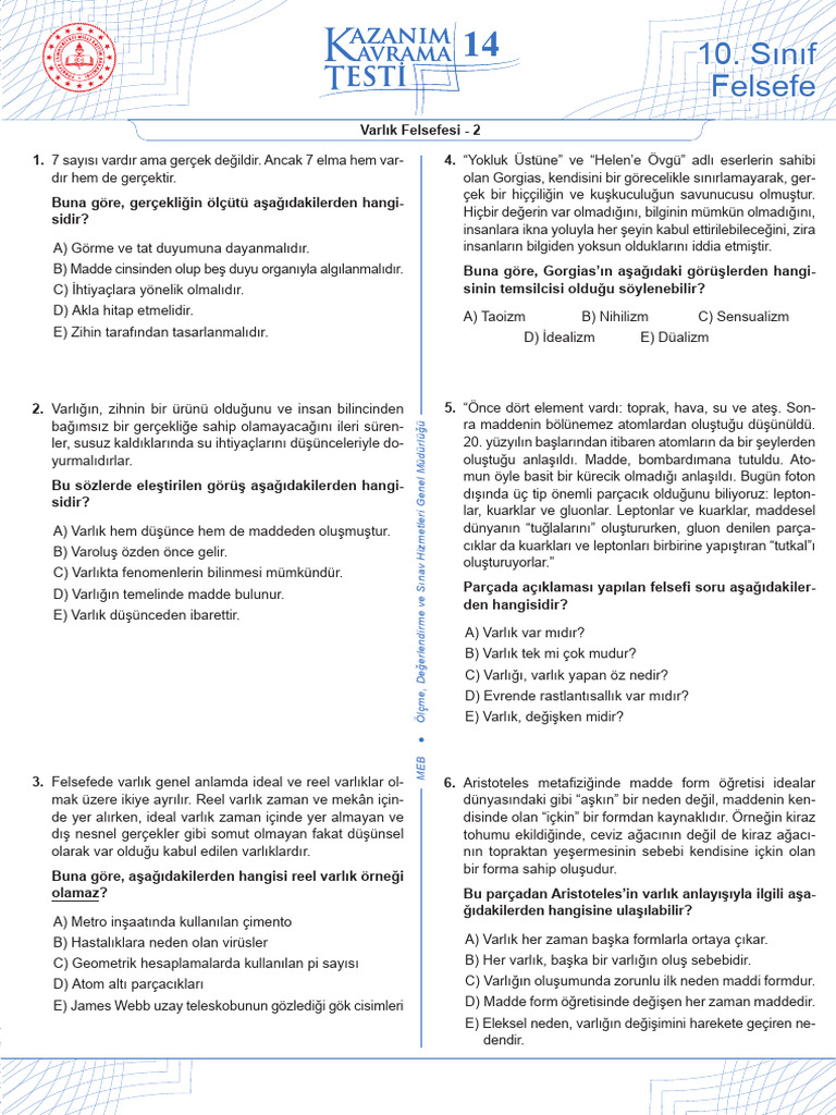 Sınıf Felsefe Felsefe | PDF