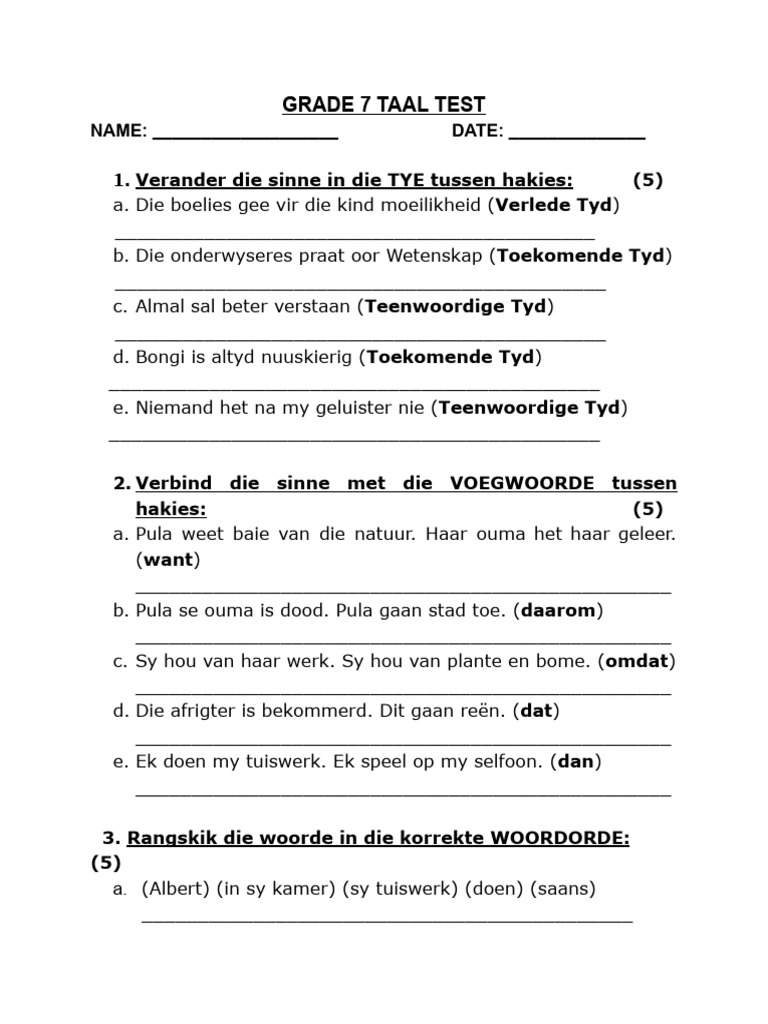 Grade 7 - Taal Revision Worksheet | PDF