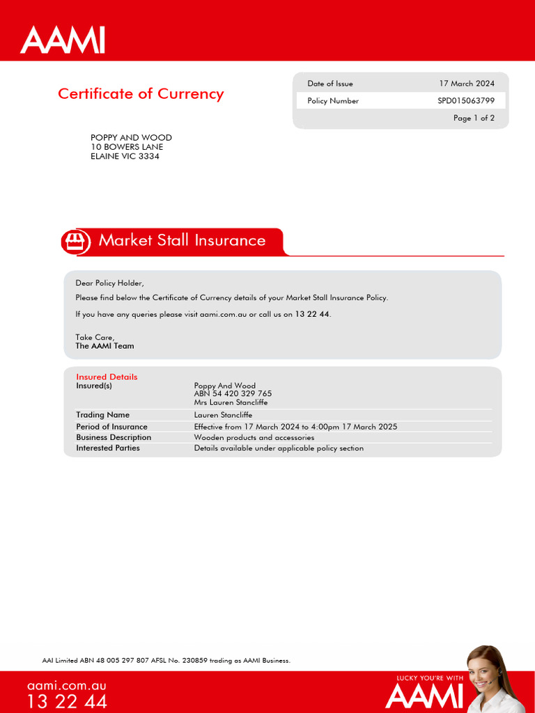 AAMI Market Stall Insurance Certificate of Currency SPD015063799 | PDF ...