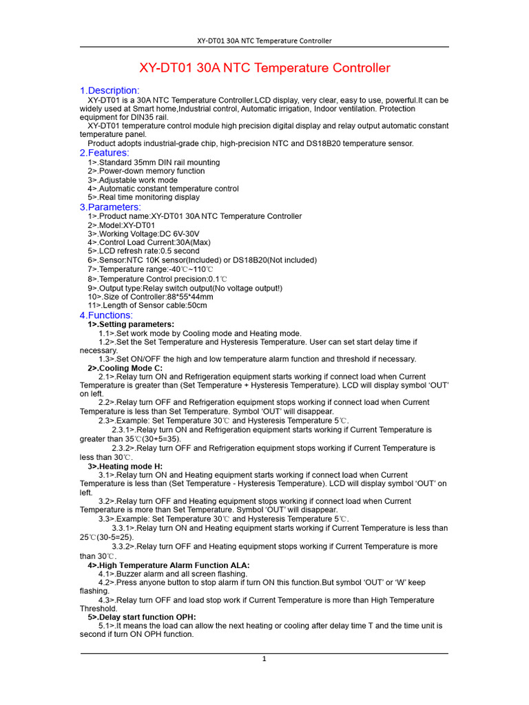 XY-DT01 regulator temperatury 12V 24V na szynę din | PDF | Relay | Hysteresis