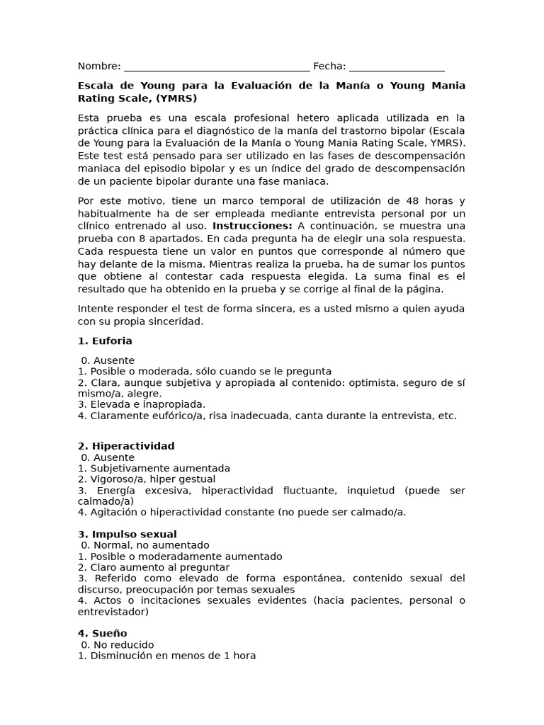Evaluación de Manía: Escala YMRS | PDF | Manía | Desorden bipolar