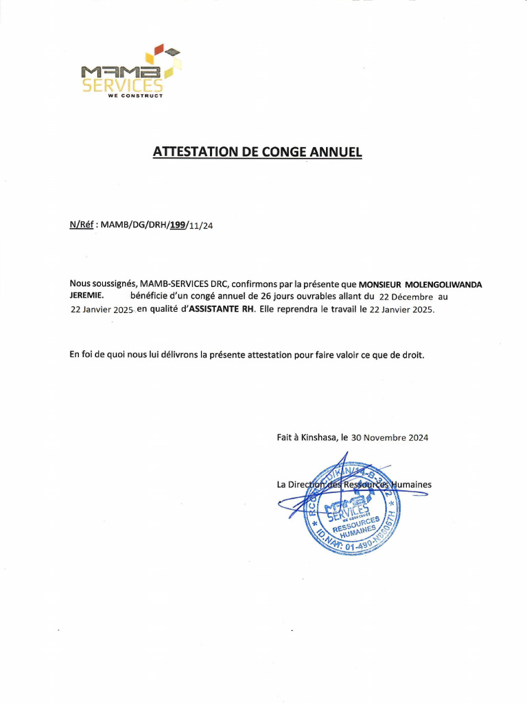 Attestation de Conge ANNUEL | PDF