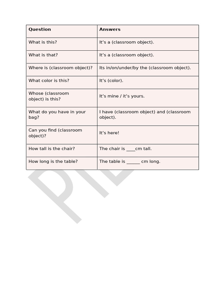 Classroom Object Q&A Guide | PDF