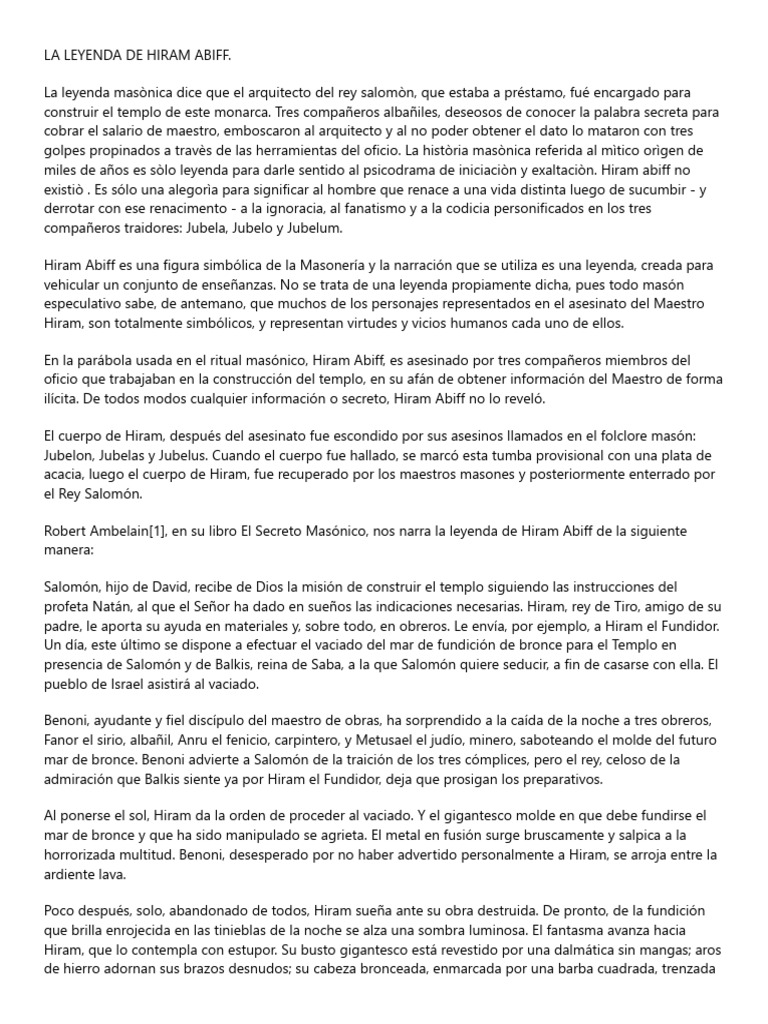 La Leyenda de Hiram Abif | PDF | Masonería | Solomons