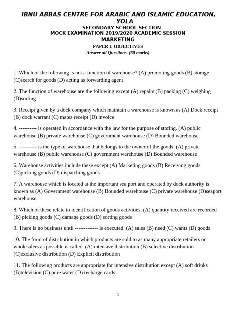 Marketing MOCK 2020 | PDF | Warehouse | Trade