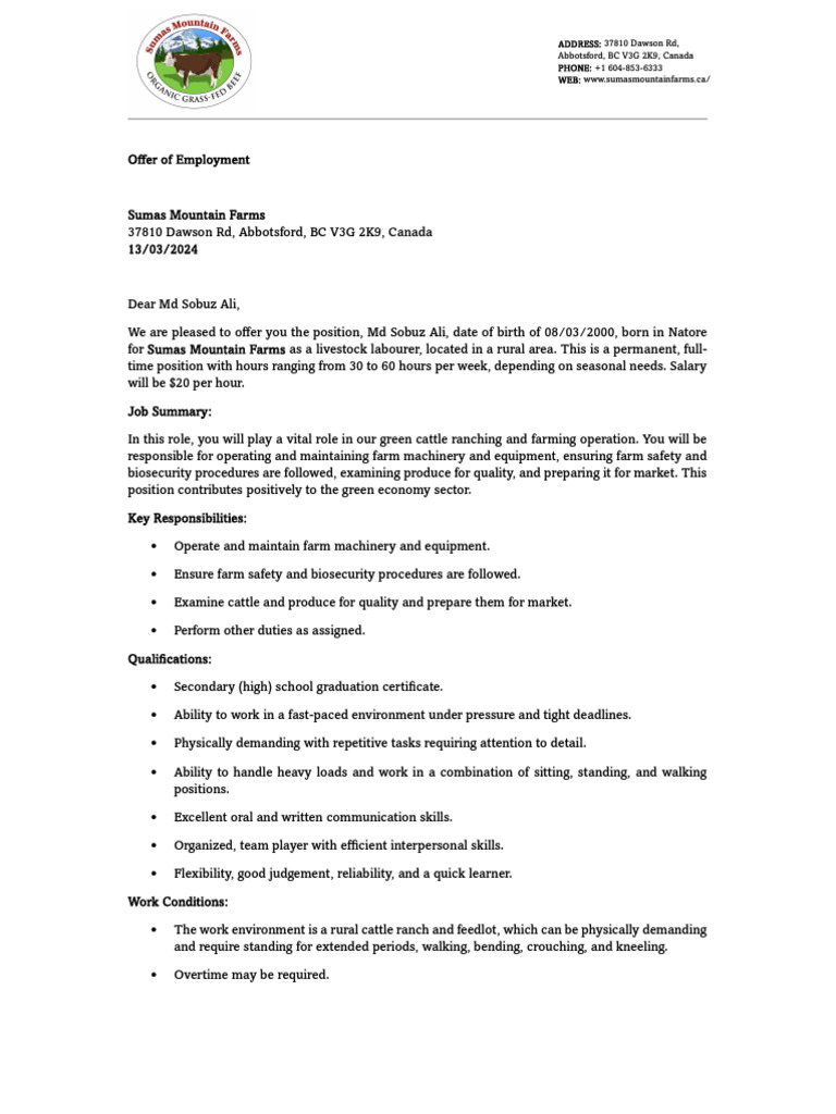 SOBUZ-ALI-MD-Sumas-Mountain-Farm-Offer-Letter | PDF | Farms | Labor
